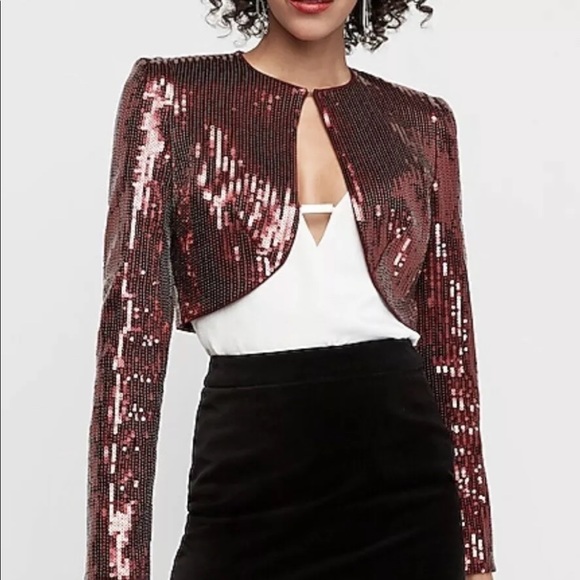 Express | Jackets & Coats | Express Crop Sequin Jacket Red Long Sleeve ...